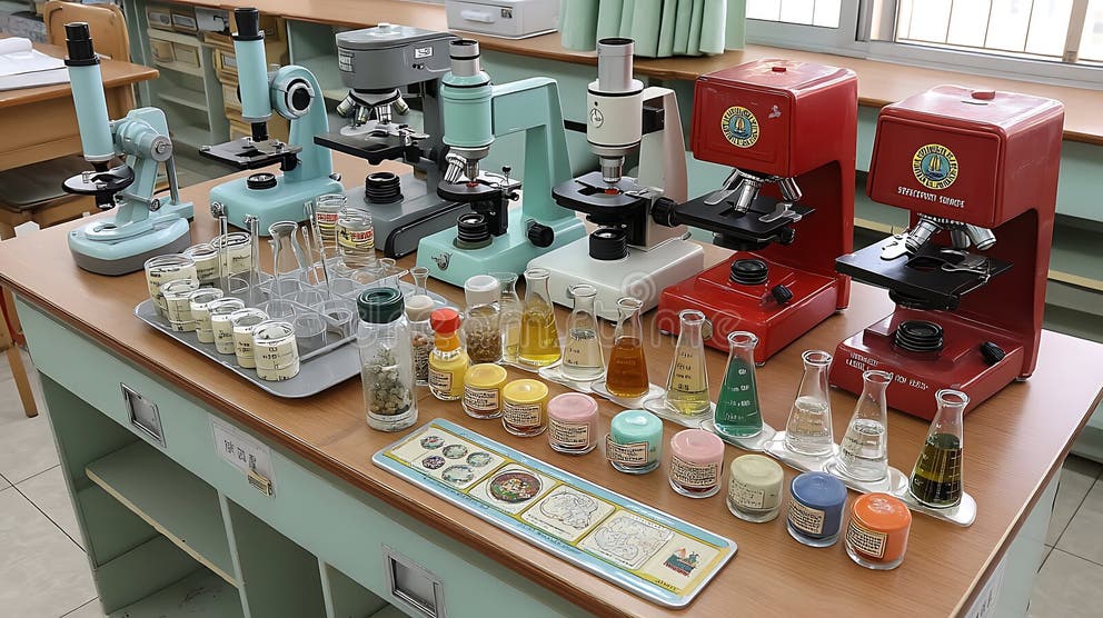 Assorted Microscopes and Colorful Chemical Samples on a Light Blue Lab Table Stock Illustration ...