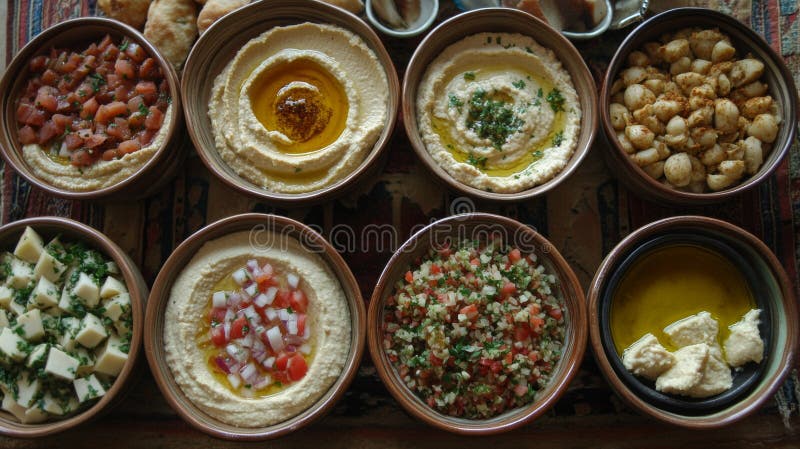 Assorted Middle Eastern Dips and Appetizers on a Table Stock ...