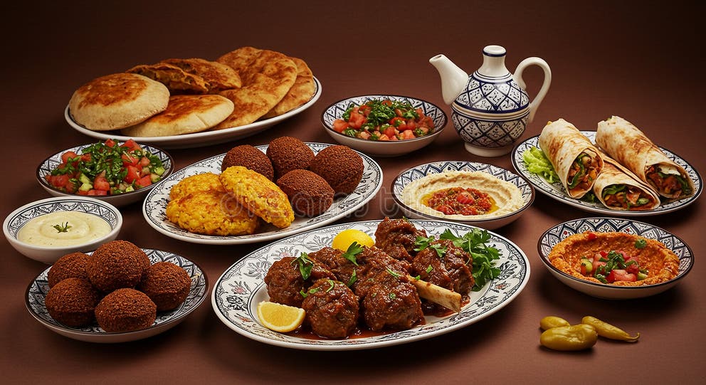 Assorted Middle Eastern Dishes Presented on Patterned Plates Against a ...