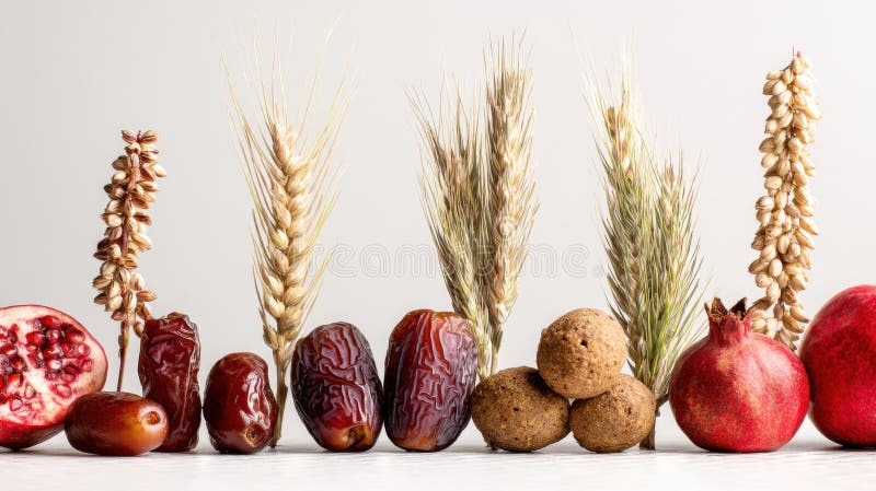 Assorted Middle Eastern Harvest: Pomegranate, Dates, Wheat, and Spelt ...
