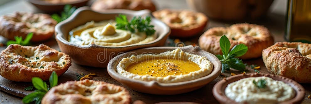 Assorted Middle Eastern Spreads and Homemade Flatbreads Set on a Rustic ...