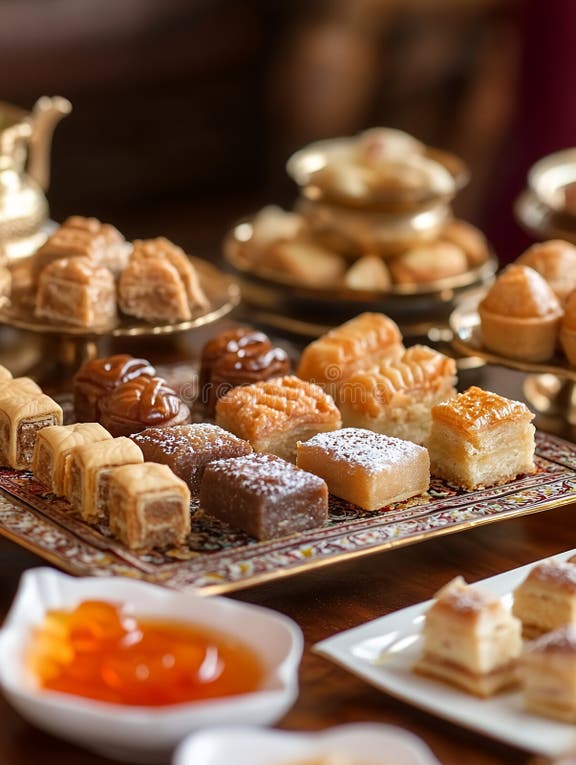 Assorted Middle Eastern Sweets on a Decorative Tray with Jam and Golden ...
