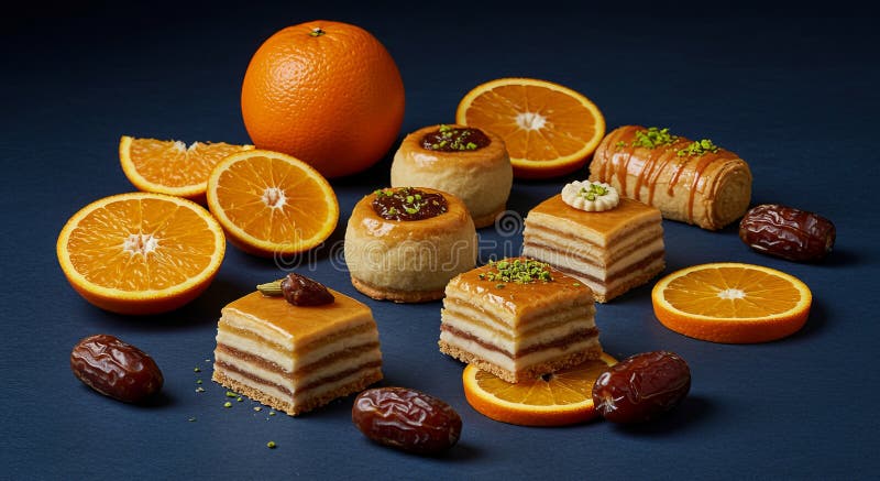 Assorted Middle Eastern Sweets with Orange Citrus Fruit Arrangement on ...