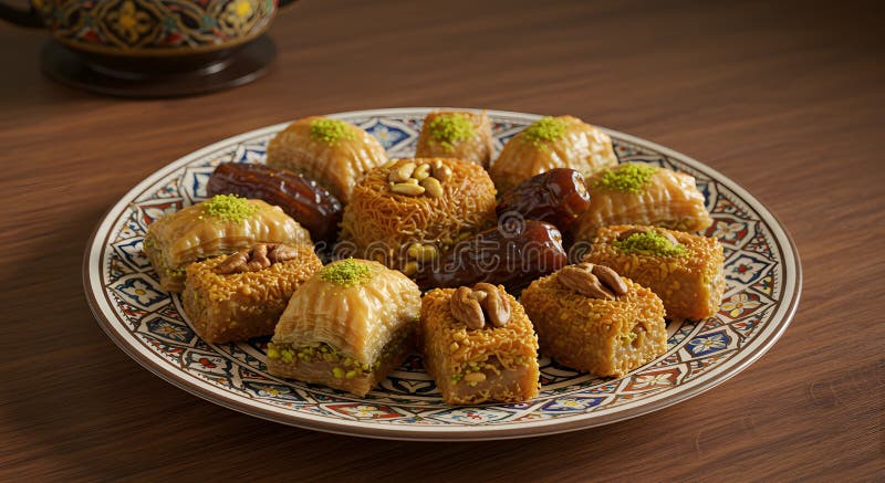 Assorted Middle Eastern Sweets on Plate with Dates Stock Illustration ...