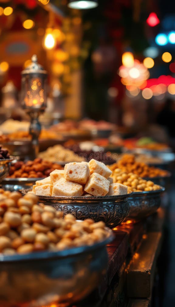 Assorted Middle Eastern Sweets in a Vibrant Market Setting at Night ...