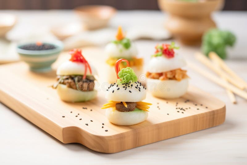 Assorted Mini Bao Buns on a Wooden Board Stock Photo - Image of cuisine ...