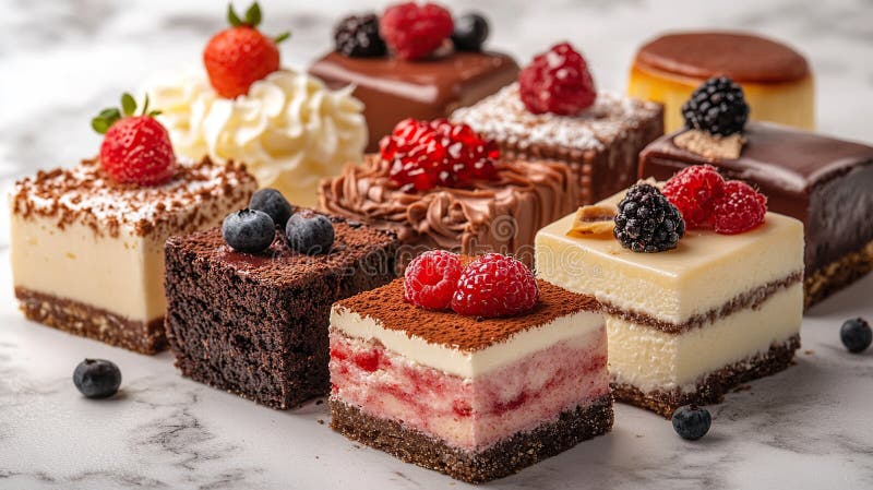 Assorted Mini Cakes with Fresh Berries, Chocolate, and Cream Toppings ...
