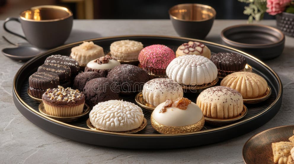 Assorted Mini Cakes and Pastries on a Black Tray Stock Image - Image of ...