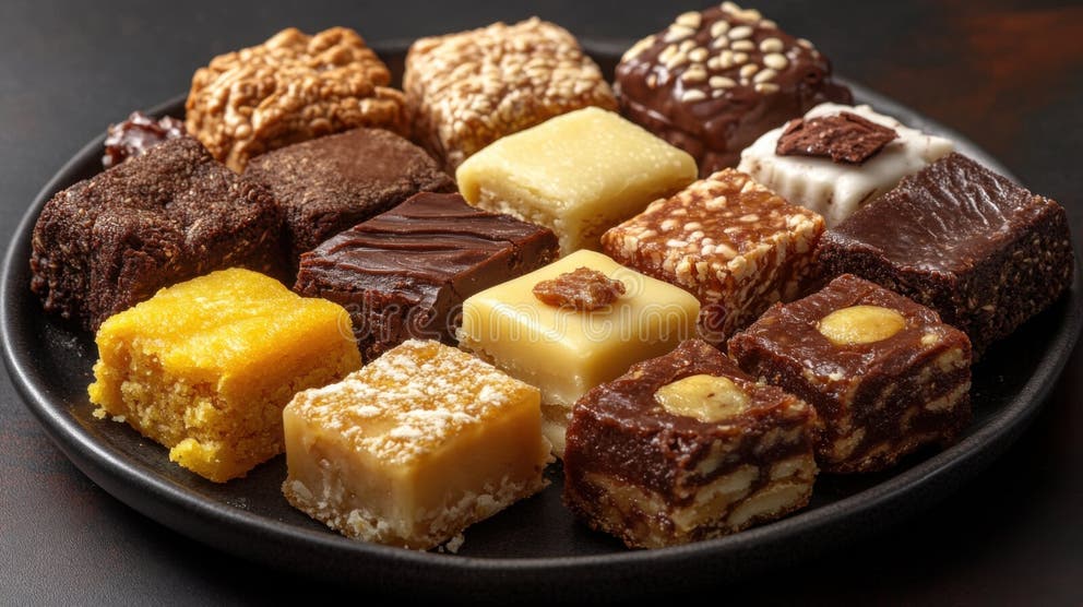 Assorted Mini Cakes and Pastries on Dark Plate Stock Photo - Image of ...