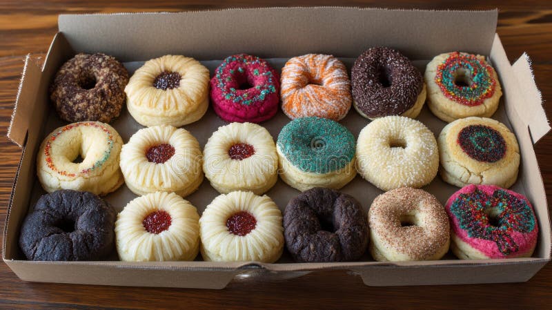 Assorted Mini Donuts in a Brown Box on Wooden Surface Stock Image ...