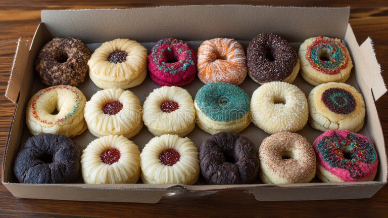 Assorted Mini Donuts in a Brown Box on Wooden Surface Stock Image ...
