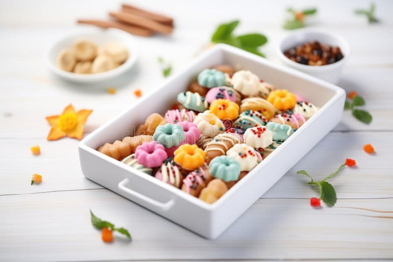 Assorted Mini Donuts in a White Box, Colorful Toppings Stock Photo ...