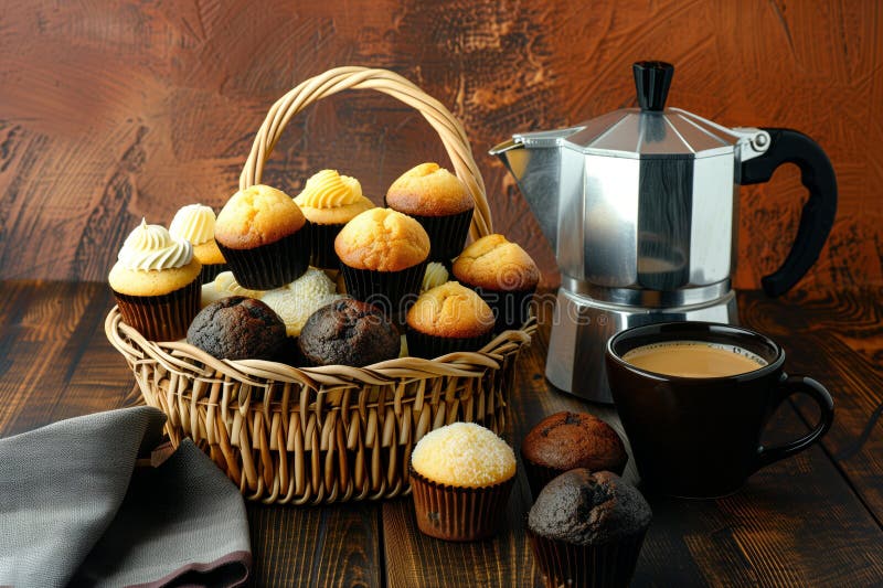 Assorted Mini Muffins Arranged in a Basket, Coffee Pot To the Side ...