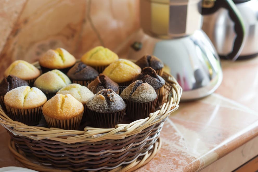 Assorted Mini Muffins Arranged in a Basket, Coffee Pot To the Side ...