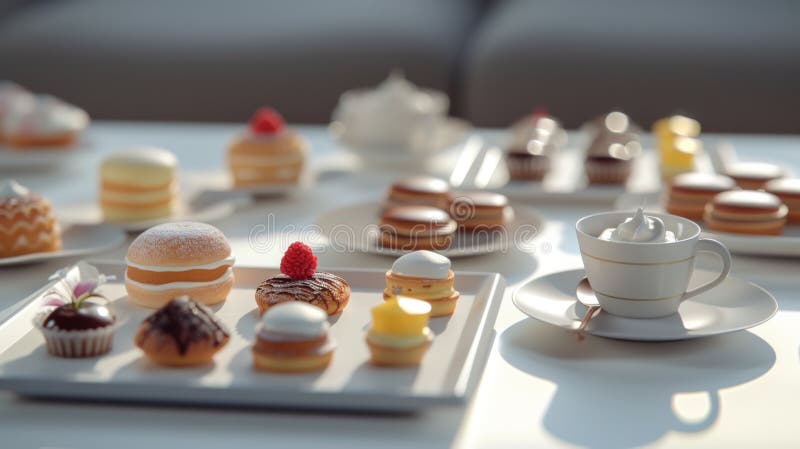 Assorted Mini Pastries and Tea on a Bright Table Setting Stock Image ...
