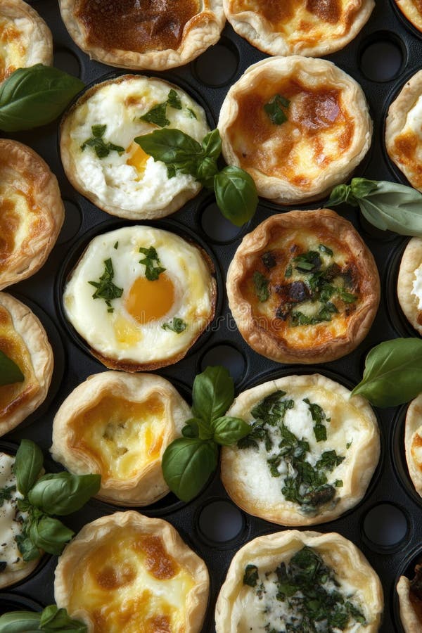 Assorted Mini Quiches with Spinach, Eggs, and Fresh Basil Garnish Stock ...