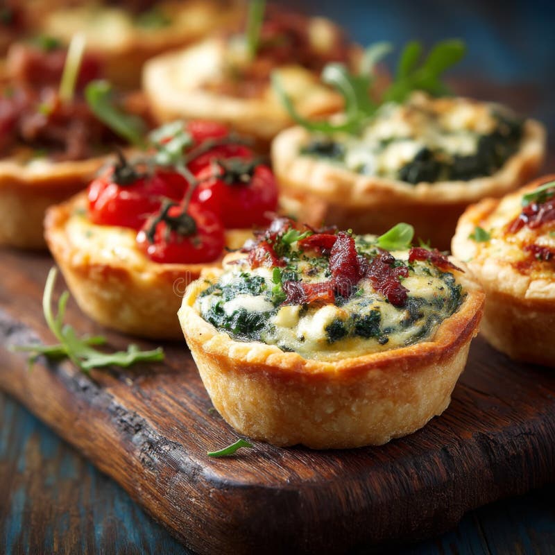 Assorted Mini Quiches on Wooden Board Stock Illustration - Illustration ...