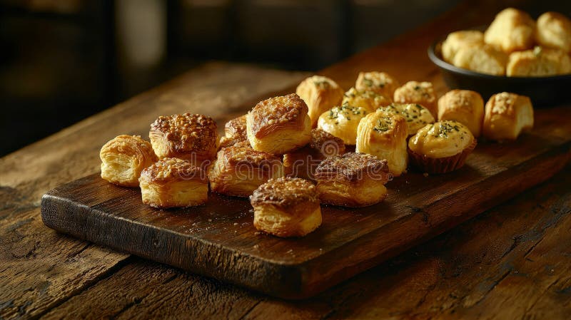 Assorted Mini Savory Pastries on Wooden Board Stock Photo - Image of ...