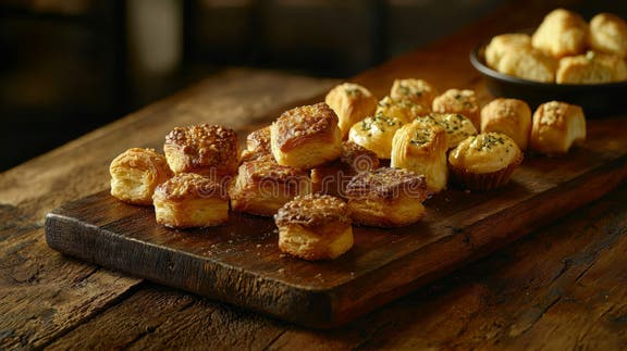 Assorted Mini Savory Pastries on Wooden Board Stock Photo - Image of ...