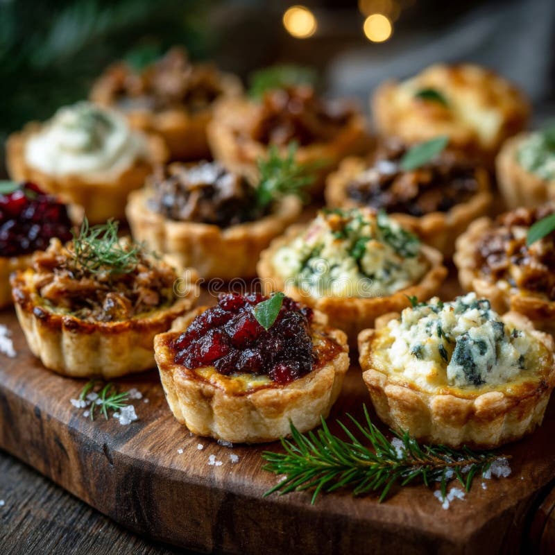 Assorted Mini Tartlets on Wooden Board Stock Illustration ...