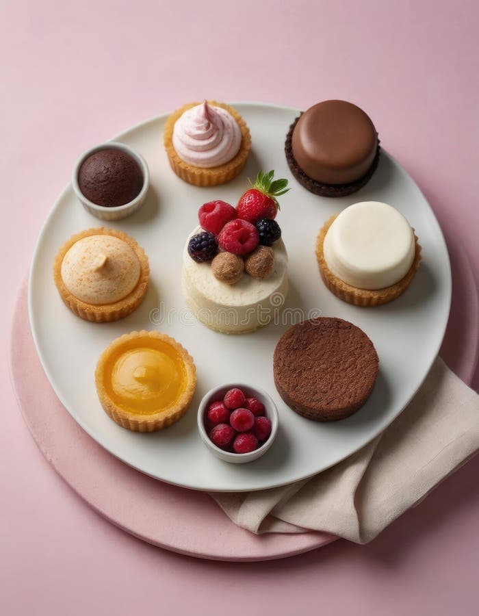 Assorted Miniature Desserts with Fruit Toppings Displayed on a Round ...