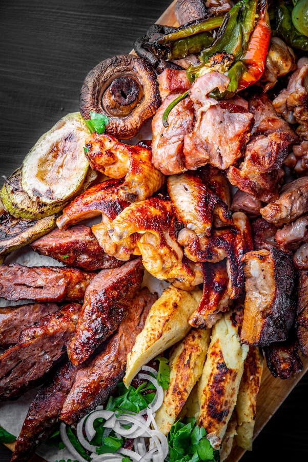 Assorted Mixed Different Grilled Meat with Vegetables Stock Photo ...