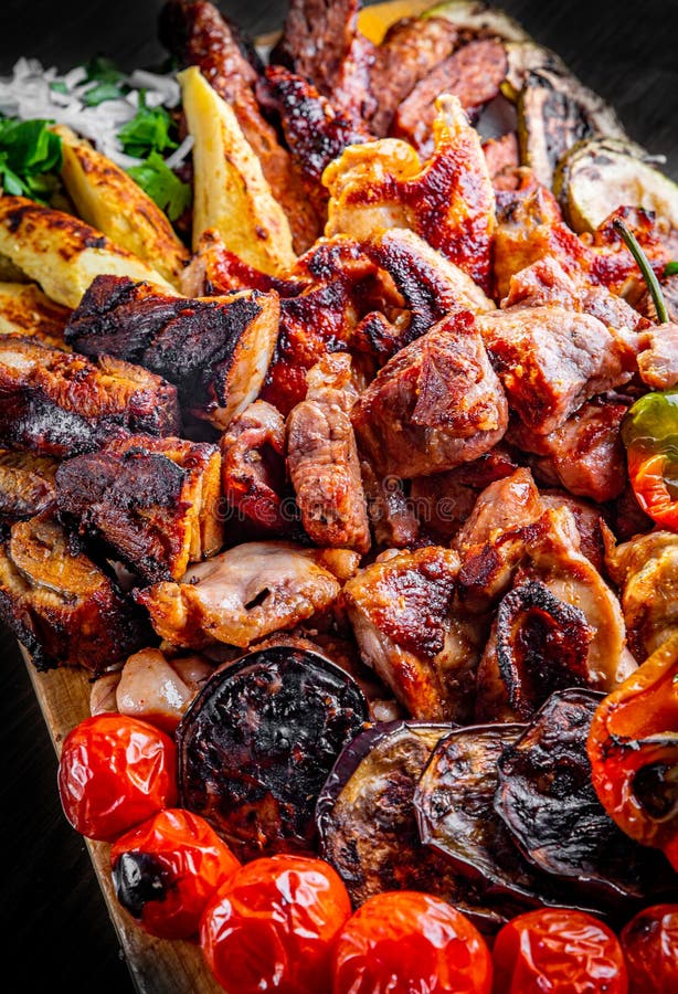 Assorted Mixed Different Grilled Meat with Vegetables Stock Image ...