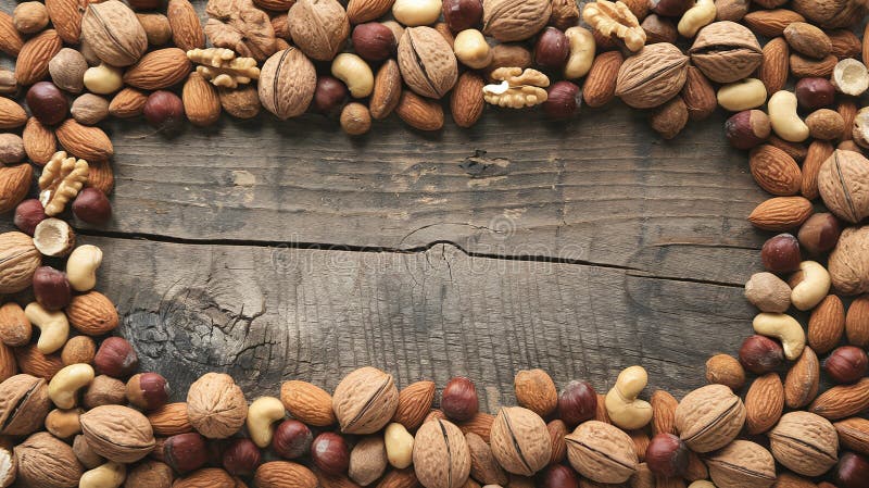 Assorted Mixed Nuts in Rustic Border on Wooden Tabletop for Healthy ...