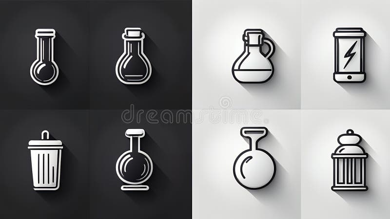 Assorted Monochrome Icons Featuring Containers Laboratory Glassware and ...