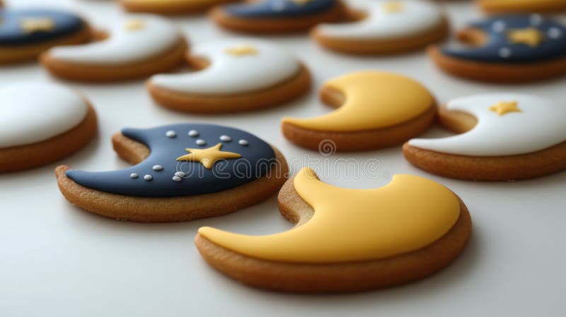 Assorted Moon and Star Shaped Cookies with Yellow and Blue Icing on ...