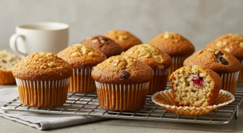 Assorted Muffins on Wire Rack with Coffee Cup Stock Illustration ...