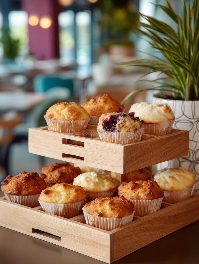 Assorted Muffins on Wooden Tray in Cafe Setting Stock Illustration ...
