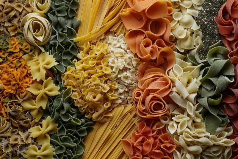 Assorted Multicolor Pasta Varieties on Rustic Background. Neural ...