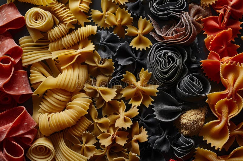 Assorted Multicolor Pasta Varieties on Rustic Background. Neural ...