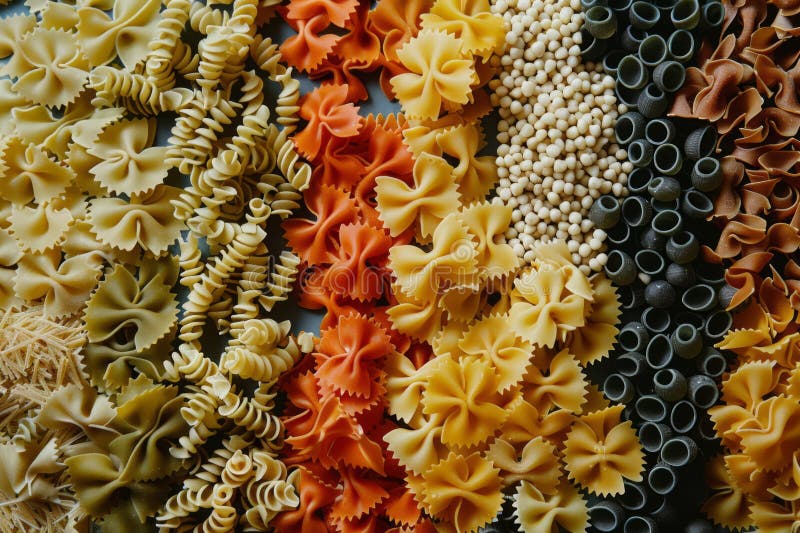 Assorted Multicolor Pasta Varieties on Rustic Background. Neural ...