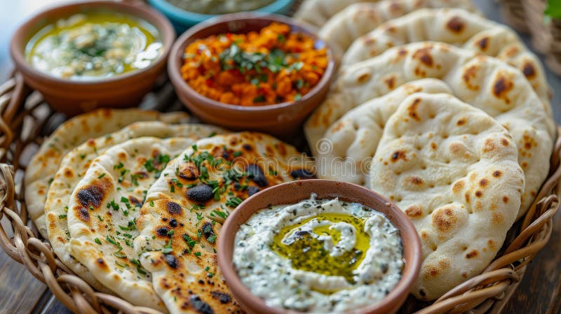 Assorted Naan Breads with Dips in a Basket. Stock Photo - Image of food ...