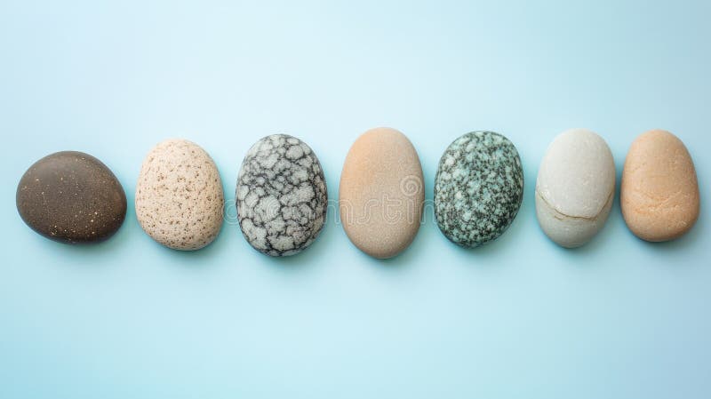 Assorted Natural Pebbles Lined Up on a Light Blue Background Stock ...