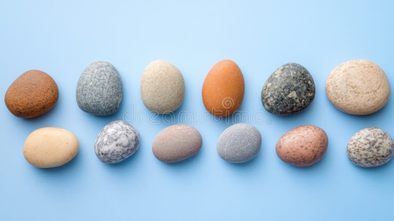 Assorted Natural Pebbles Lined Up on a Light Blue Background Stock ...