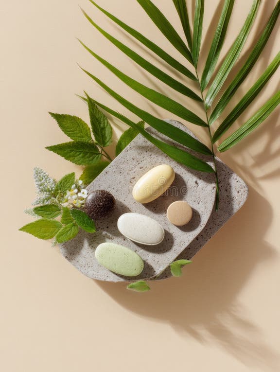 Assorted Natural Soaps and Leaves on Beige Background for Spa and ...