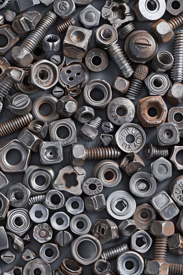Assorted New Galvanized Bolts and Nuts for Abstract Industrial Pattern ...