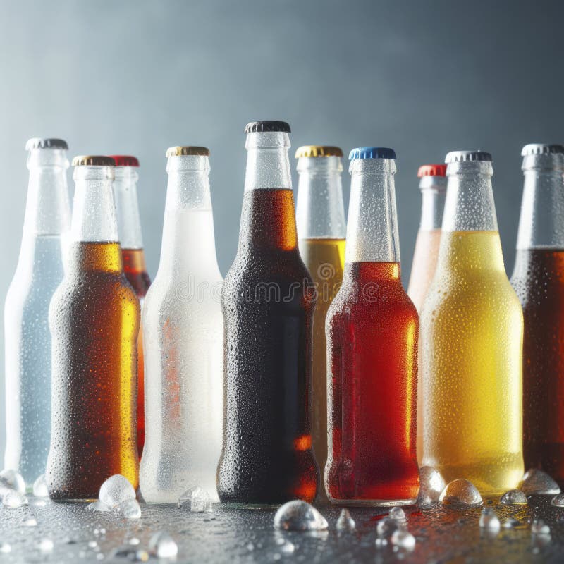 Assorted Non Alcoholic Soda Bottles with Water Droplets with Copy Space ...