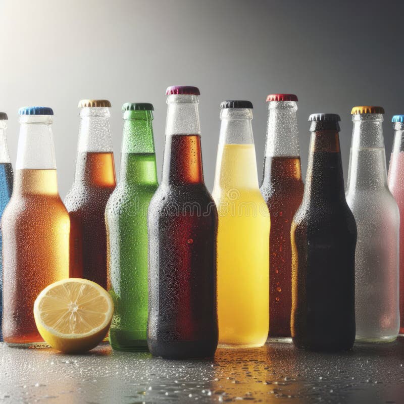 Assorted Non Alcoholic Soda Bottles with Water Droplets with Copy Space ...