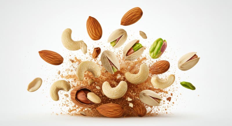 Assorted Nuts Almonds Cashews Pistachios Falling in the Air Creating ...
