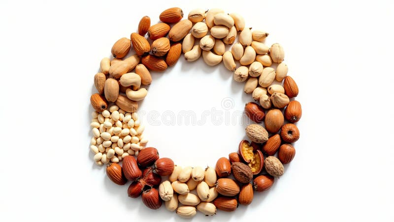 Assorted Nuts Arranged in a Circle on White Background Almonds Cashews ...