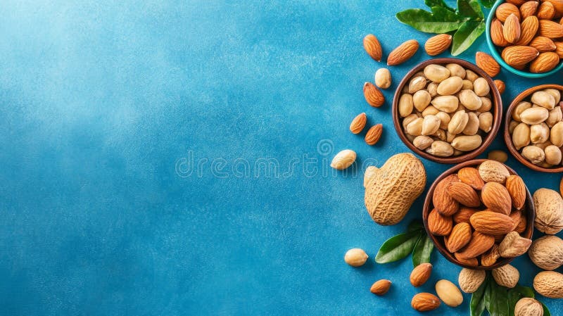 Assorted Nuts in Bowls on Blue Background Stock Illustration ...
