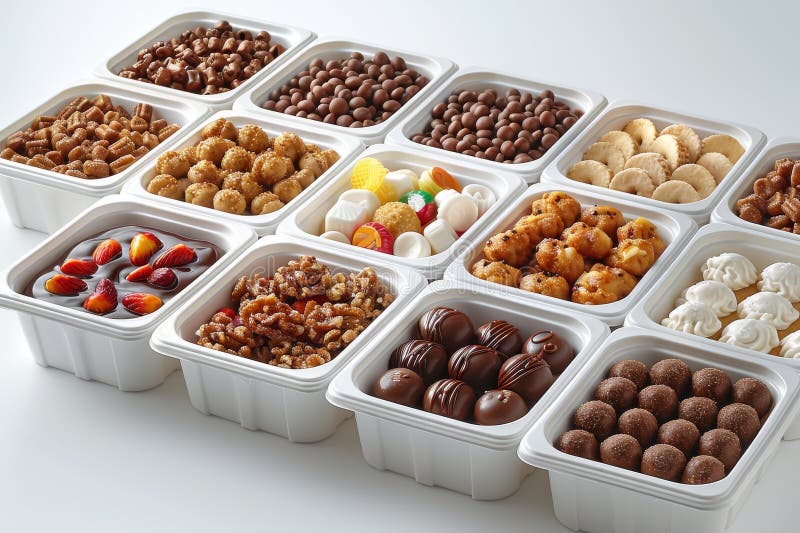 Assorted Nuts and Chocolates in White Trays, Showcasing a Delicious and ...