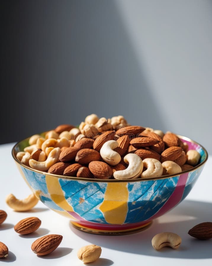 Assorted Nuts in Colorful Decorative Bowl on Black Background Stock ...