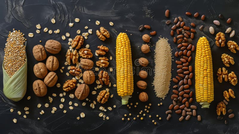 Assorted Nuts and Corn on Dark Surface Stock Photo - Image of grains ...