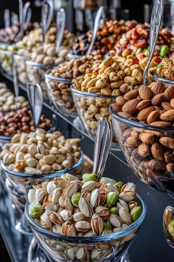 Assorted Nuts Display in Glass Bowls on a Countertop with Spoons Stock ...
