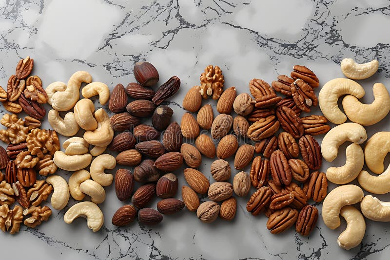 Assorted Nuts Displayed on a Marble Surface for a Natural Foods Spread ...